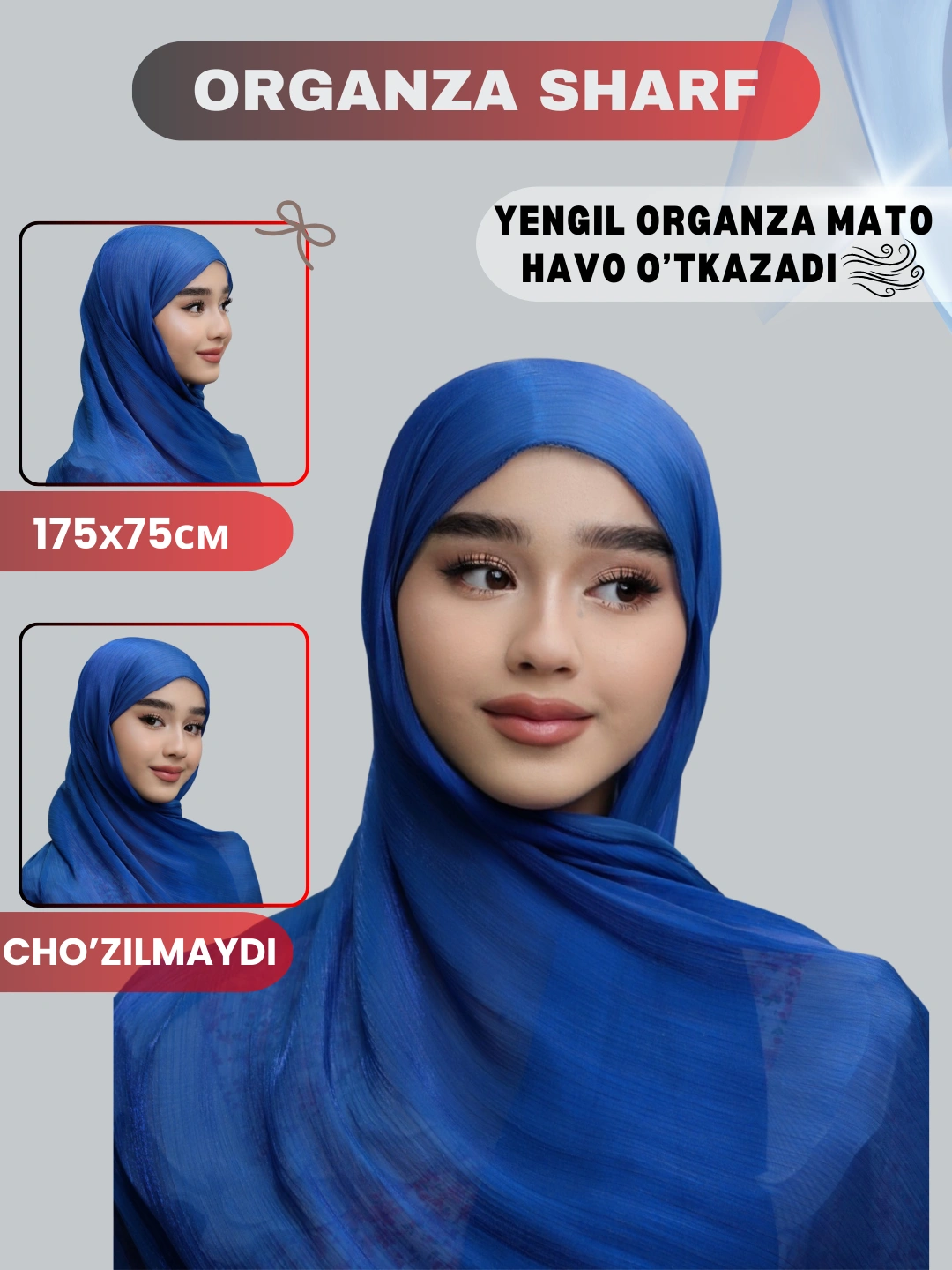 Organza sharfi, ayollar ro‘moli, hijob, haj va umra uchun mos, 175 x 75 ...
