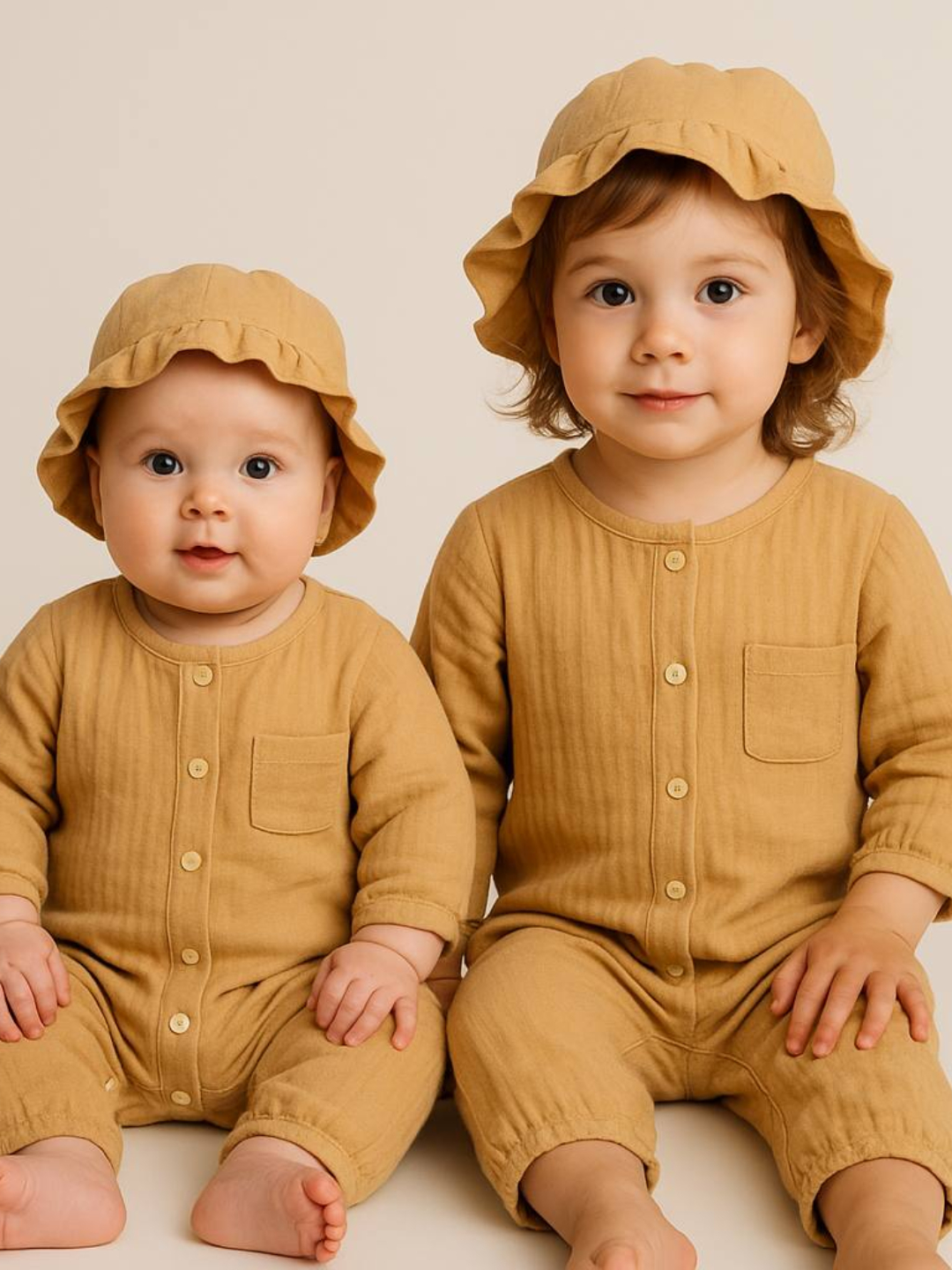 Bolalar to'plami, ikki qismli muslindan: bodi, kombinezon + qalpoqchani ...