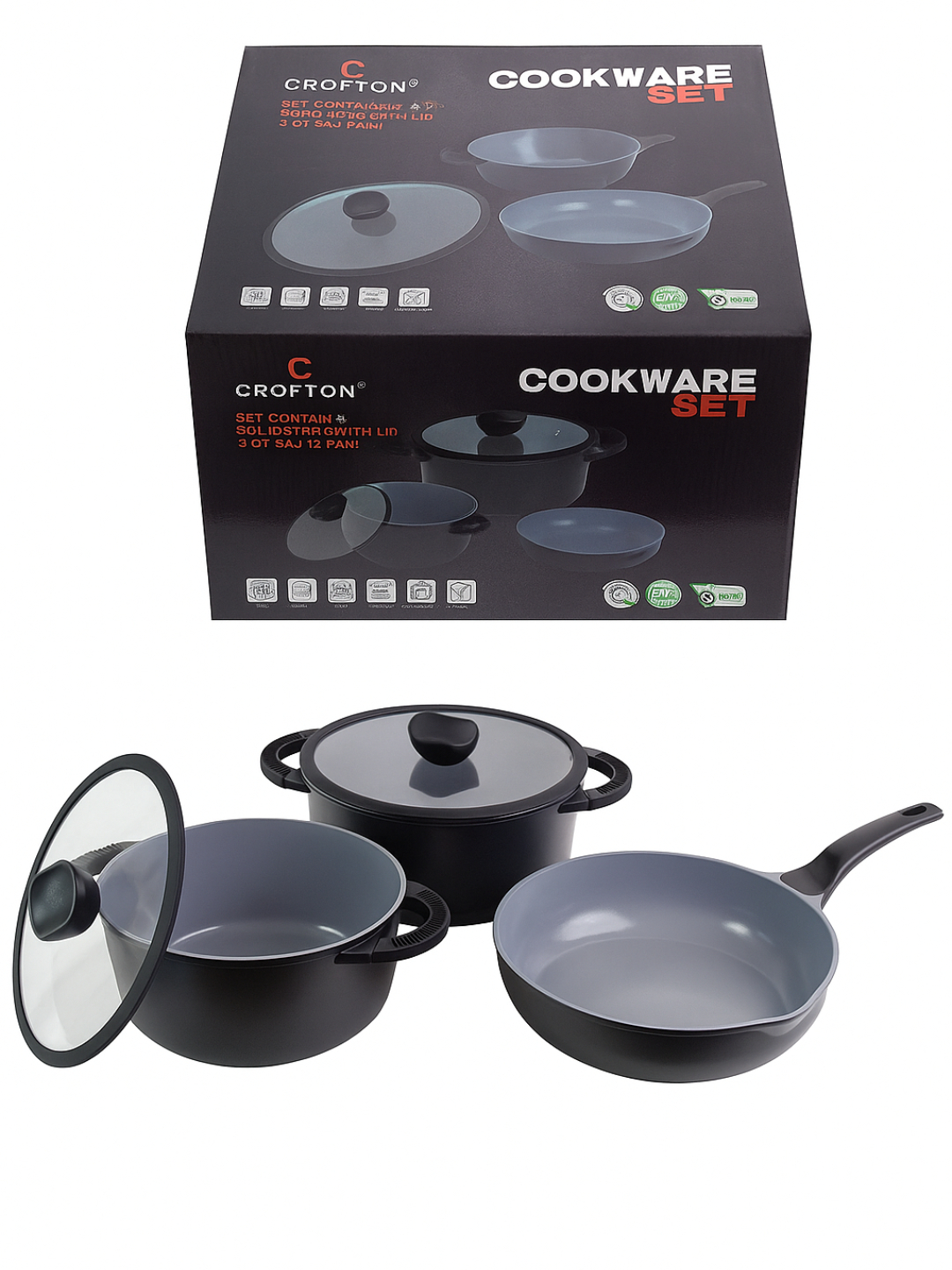 Oshxona qozonlar to'plami, 3 buyum, shisha qopqoqli yopishmaydigan qozonlarni arzon narxda sotib ...