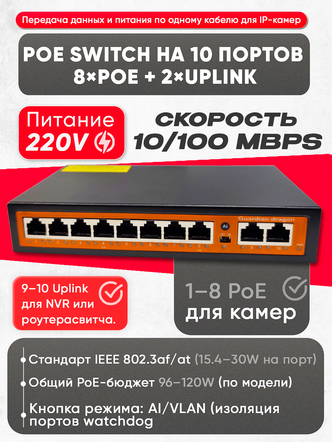 PoE Switch — 4×PoE + 2×Uplink / 8×PoE + 2×Uplink, AI/VLAN купить по низким ценам в интернет ...