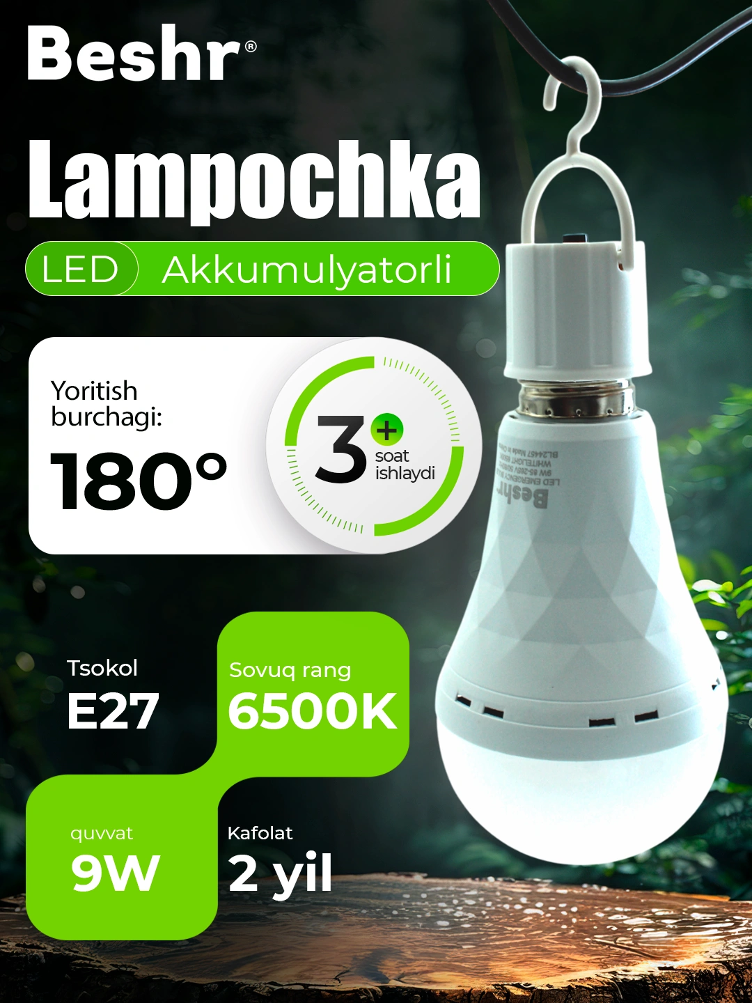 Lampa akkumulyatorli Beshr, 9-15W, 6500K, 3 soat bitta zaryadda ...