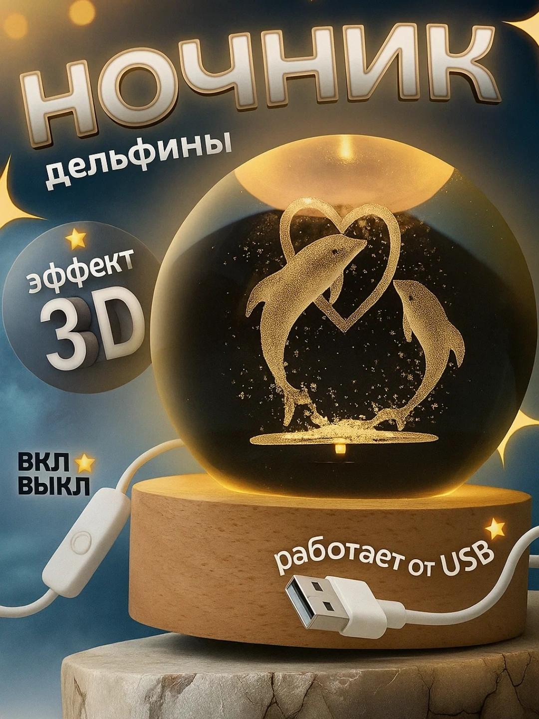 Хрустальный шар-ночник 3D, антистресс, настольный стеклянный светильник ...