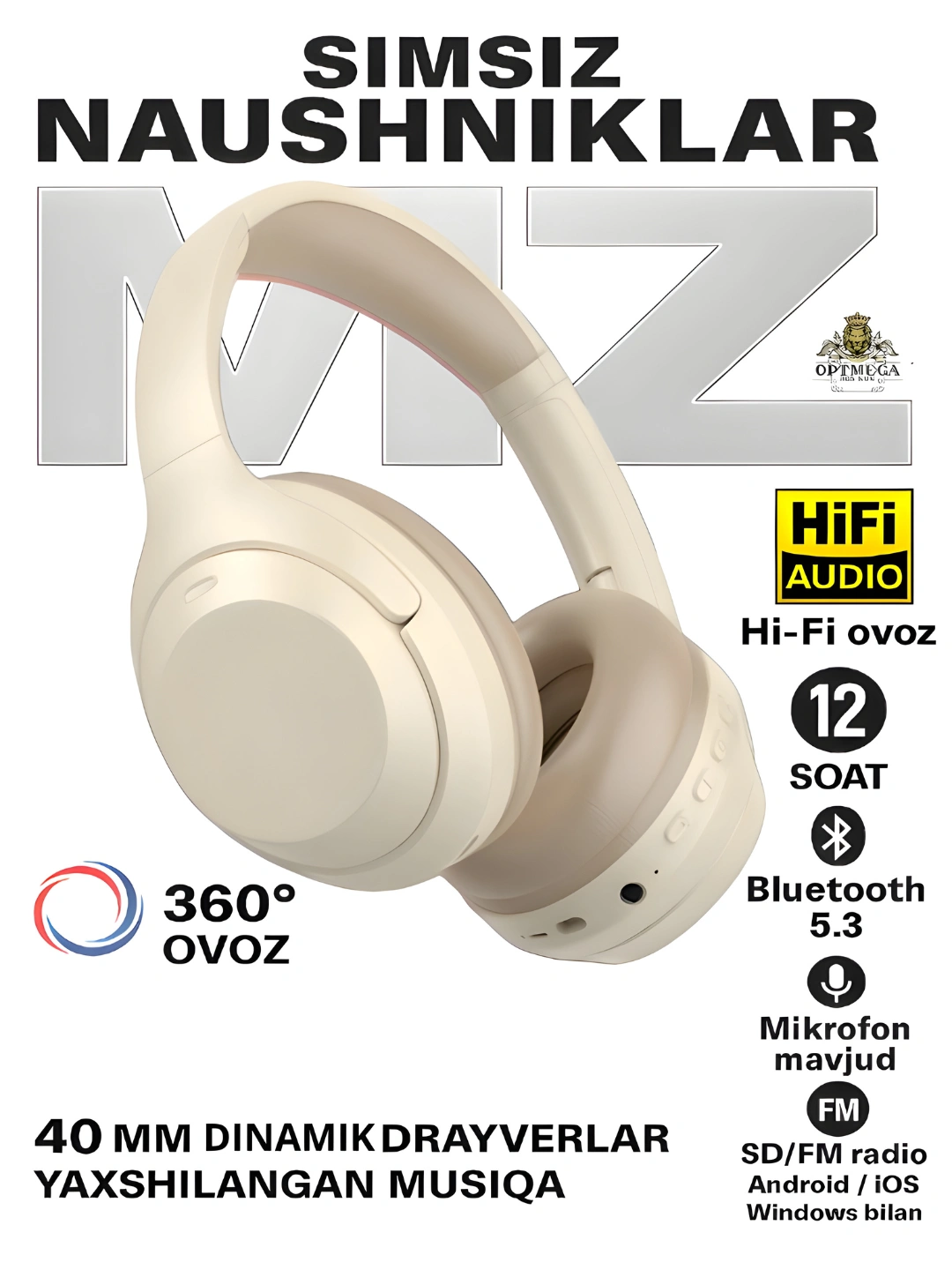 Simsiz quloqchin Bluetooth – to‘liq o‘lcham, mikrofonli, SD karta va ...