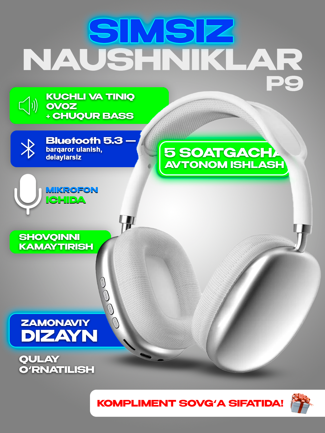 P9 naushniklar, Bluetooth 5.3, kuchli ovoz, qulaylik stil, qulay ...