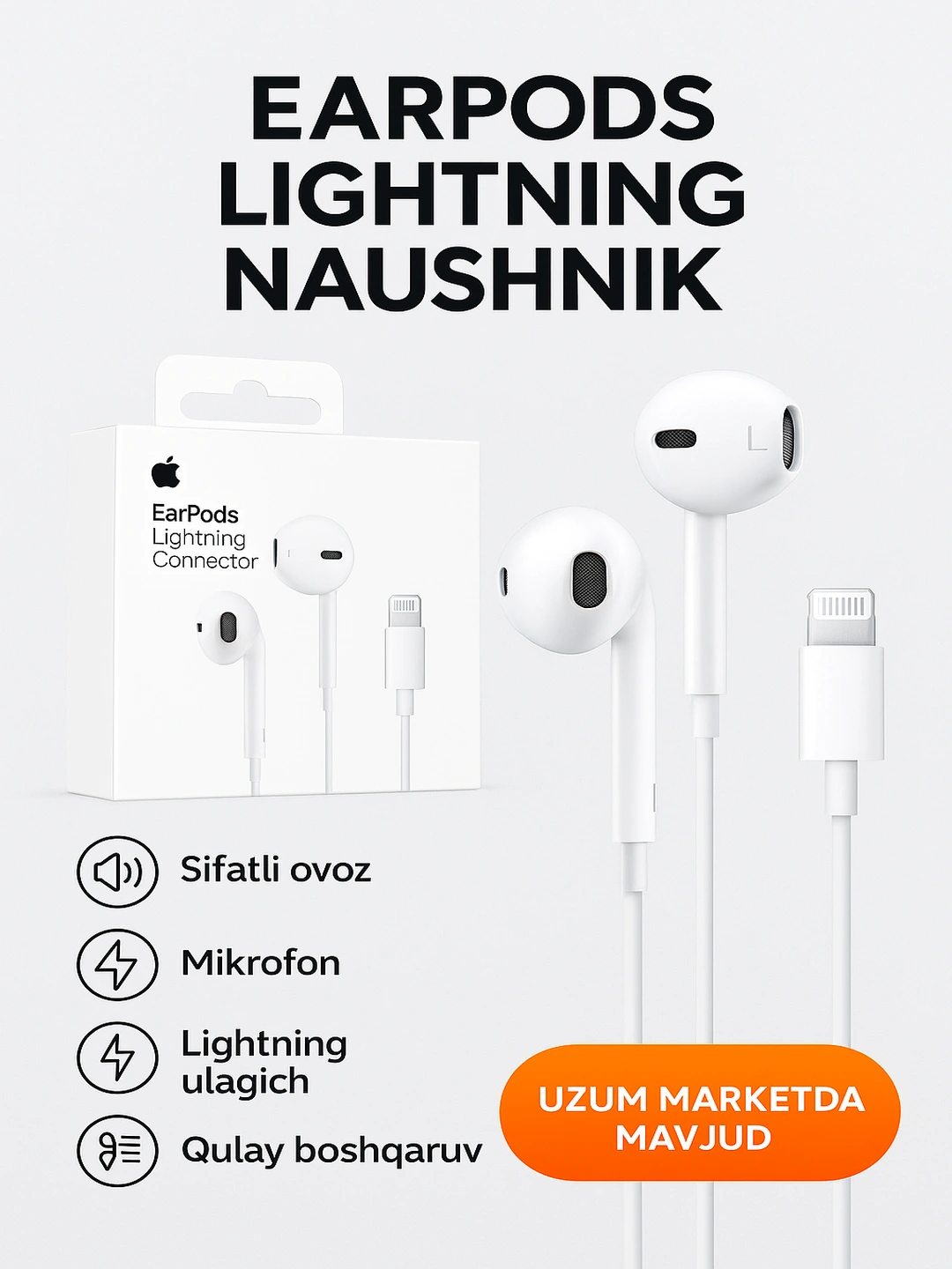 IPhone uchun simli quloqchinlar, (Pop-UP) mikrofon bilan, Lightning ...