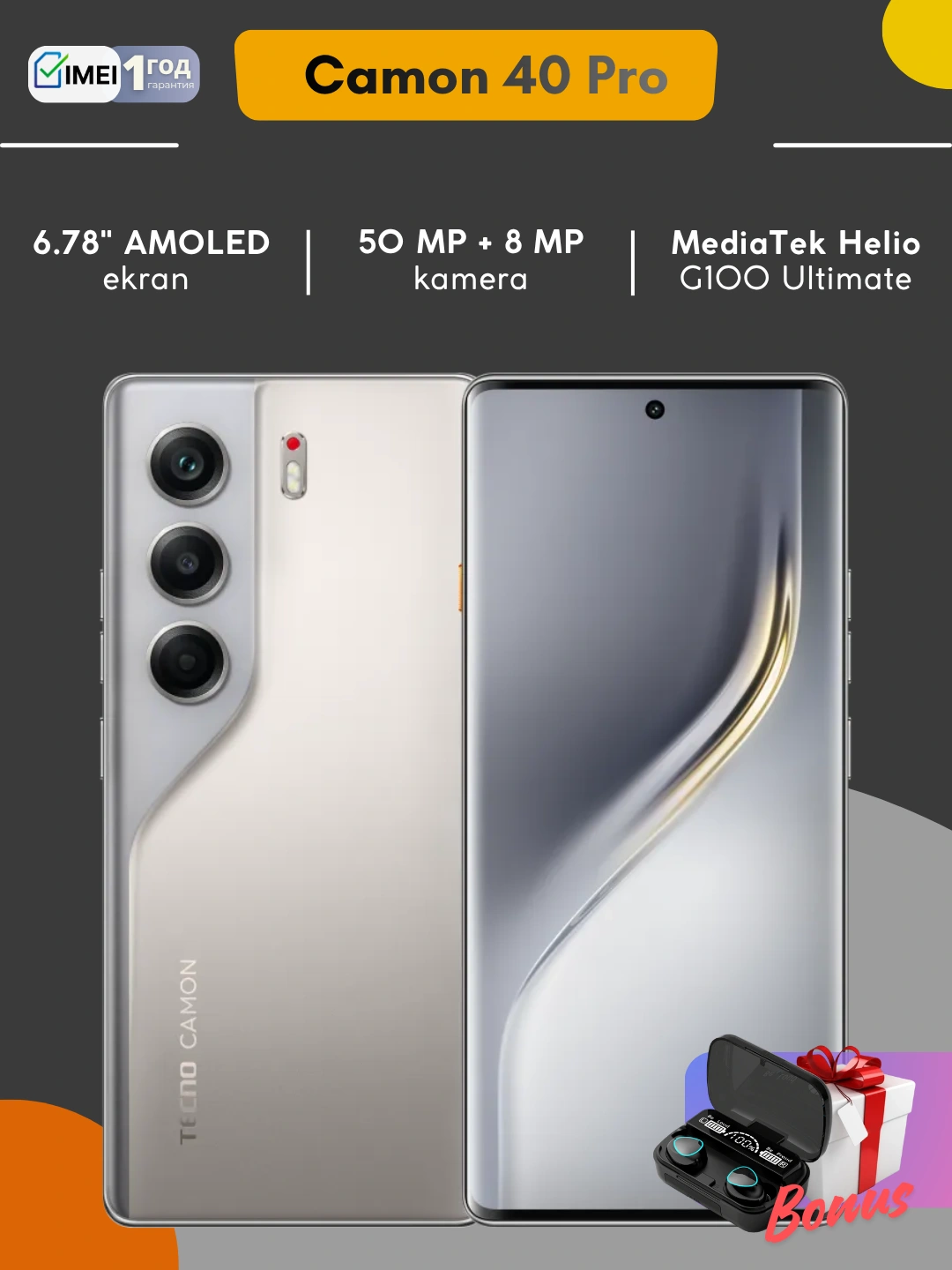 Smartfon TECNO CAMON 40 Pro,Bonusga Bluetooth quloqchin TWS M10,5200mAh ...