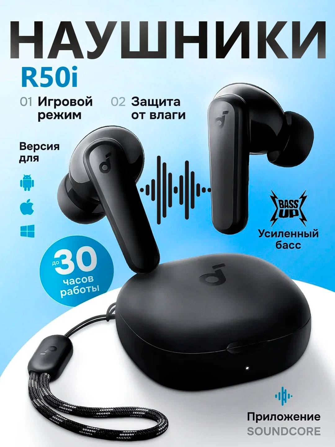Simsiz quloqchinlar Soundcore R50i – kuchli bass va 30 soatgacha musiqa ...