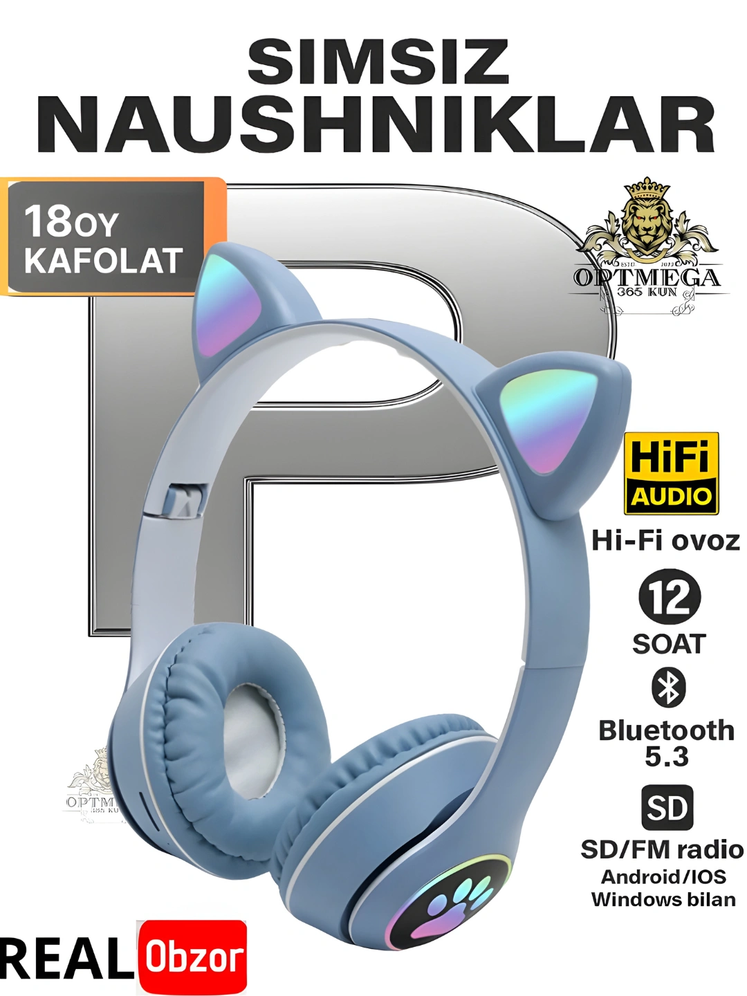Simsiz quloqchin Cat Ear, yonadigan mushuk quloqlari bilan, Bluetooth ...