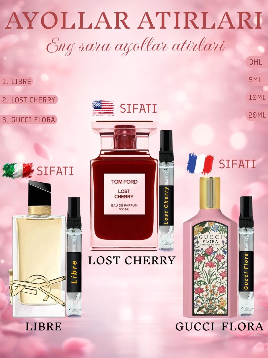 Ayollar atirlar to'plami Libre, TomFord, LostCherry, GucciFlor, 3 tasi ...