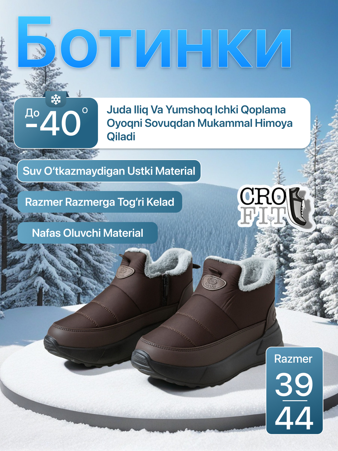 Erkaklar qishki botinkalari, oyoq kiyimlar 39-45 o‘lchamlar 120900 so ...