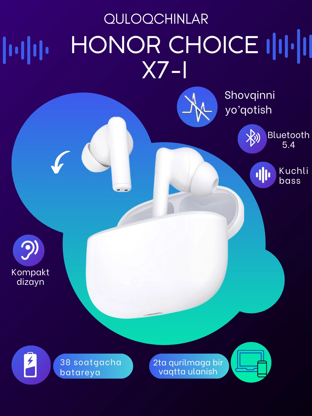 Honor Choice X7i беспроводные наушники, Bluetooth 5.4, аккумулятор 500 ...