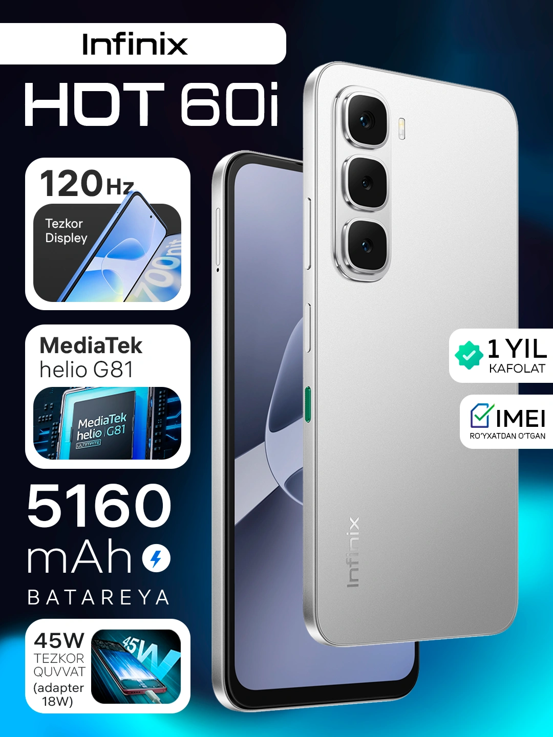Smartfon Infinix Hot 60i, 8+8/256 GB 1359000 so'mga 51% chegirma bilan ...
