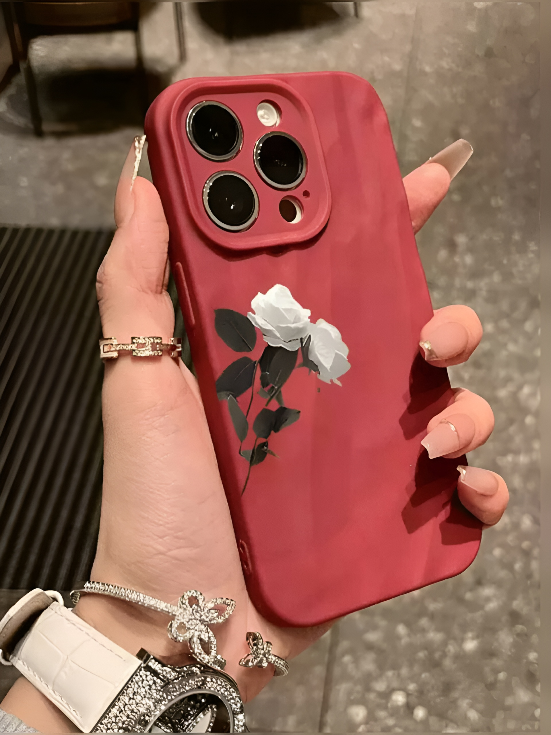 Chexol iPhone 13, 14, 15, 16 Pro Max uchun, rangli, atirgul naqshi ...