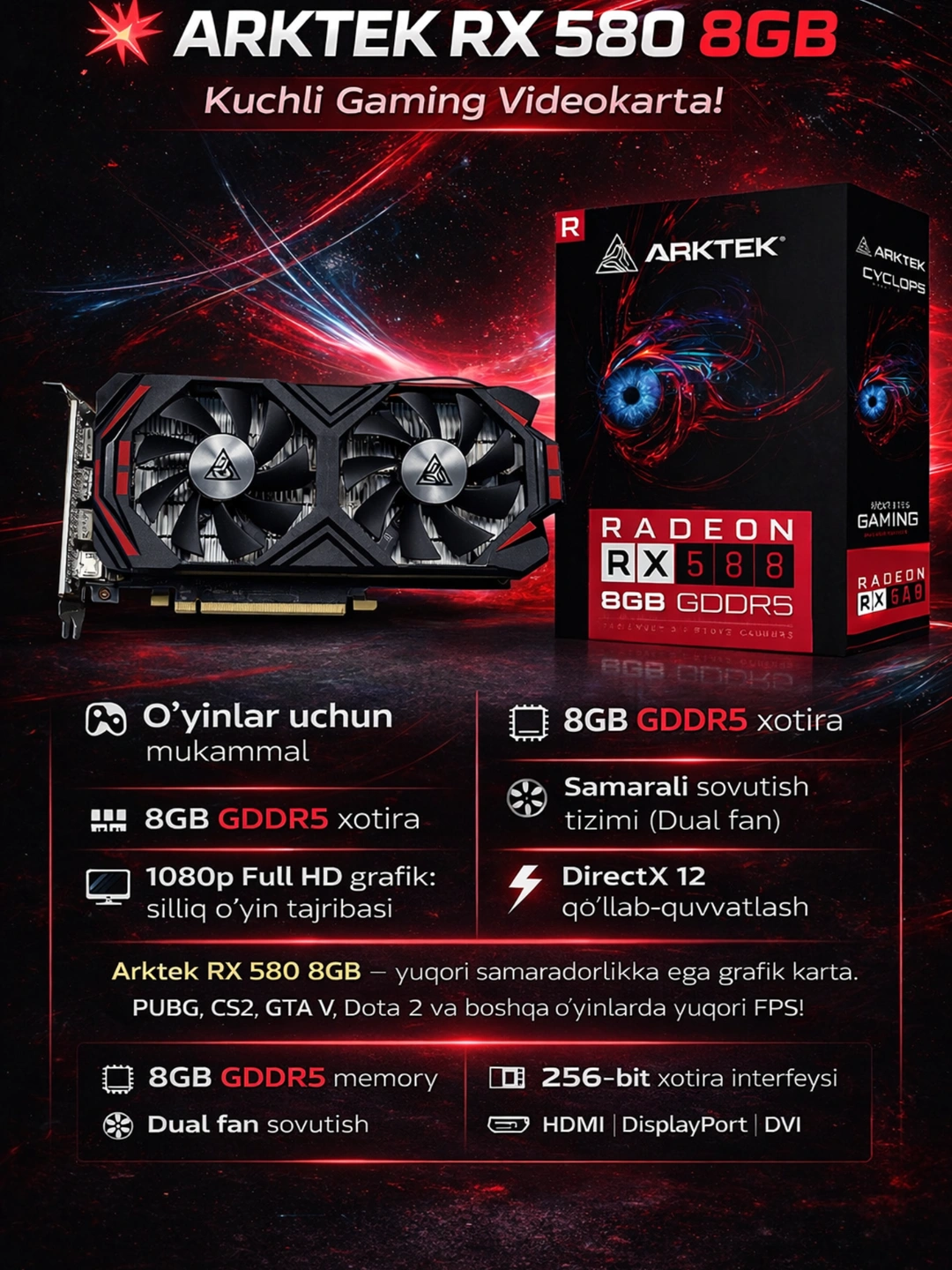 Игровая видеокарта Arktek ATI Radeon RX580 8ГБ, RX550 4GB , 256Бит ...