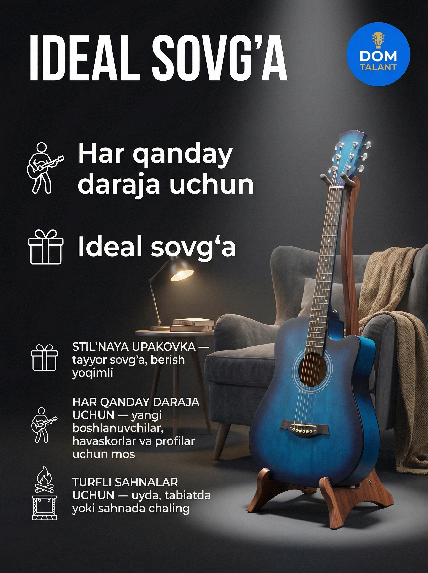 Akustik gitara DOM TALANT, to'plamda 30 ta aksessuar bilan 389990 so ...