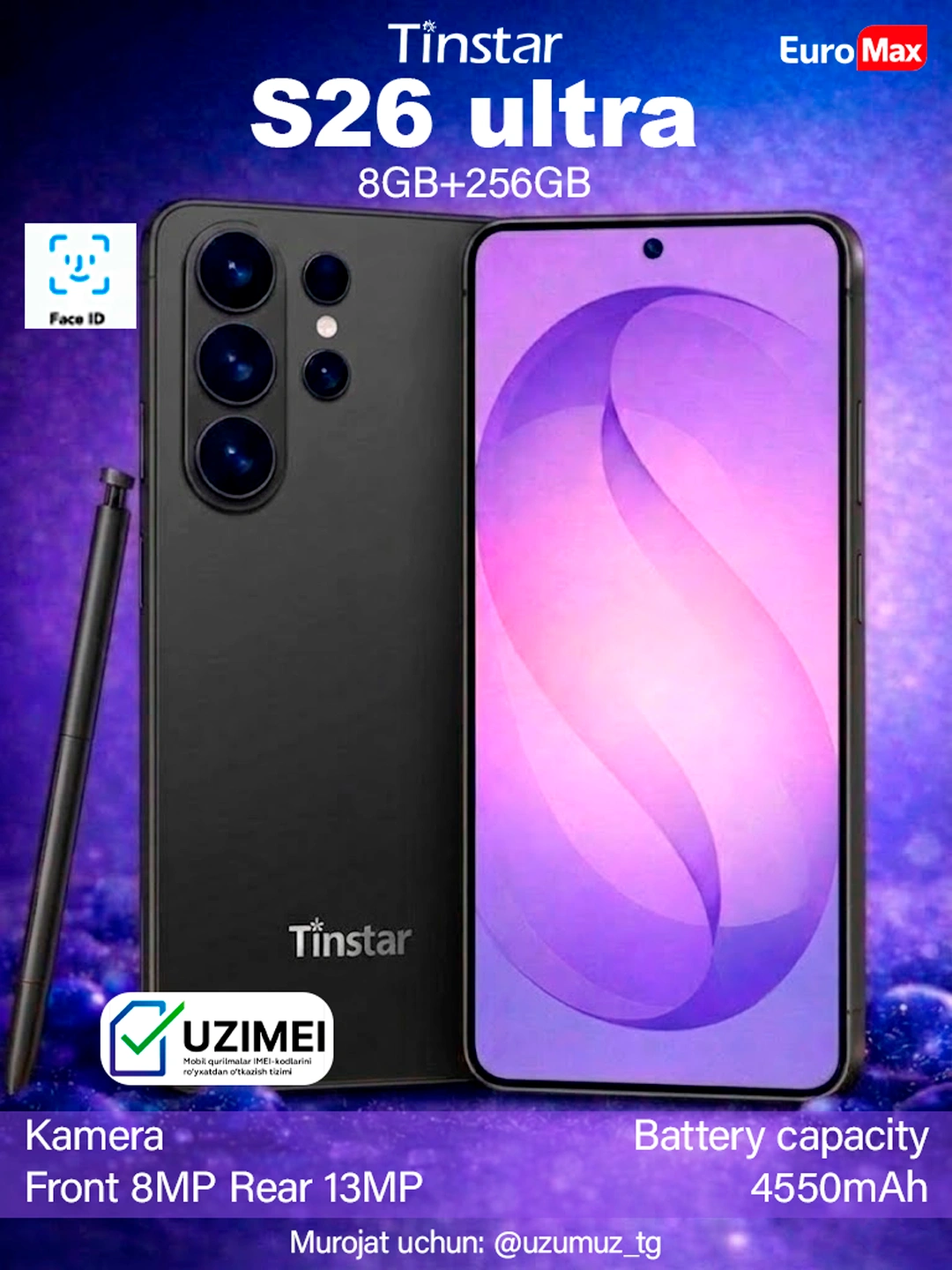 S26 Ultra T666 smartfoni, 8 GB + 256 GB, 4550 mA/soat batareya 1499000 ...