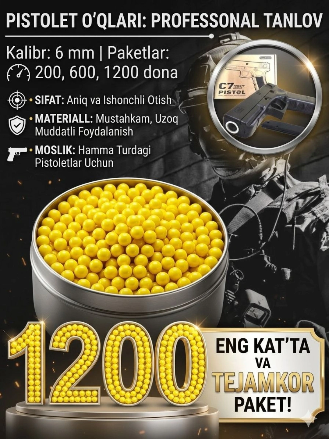 Bolalar to'pponchasi uchun plastik o'qlar to'plami, 1200 dona, 6 mm ...