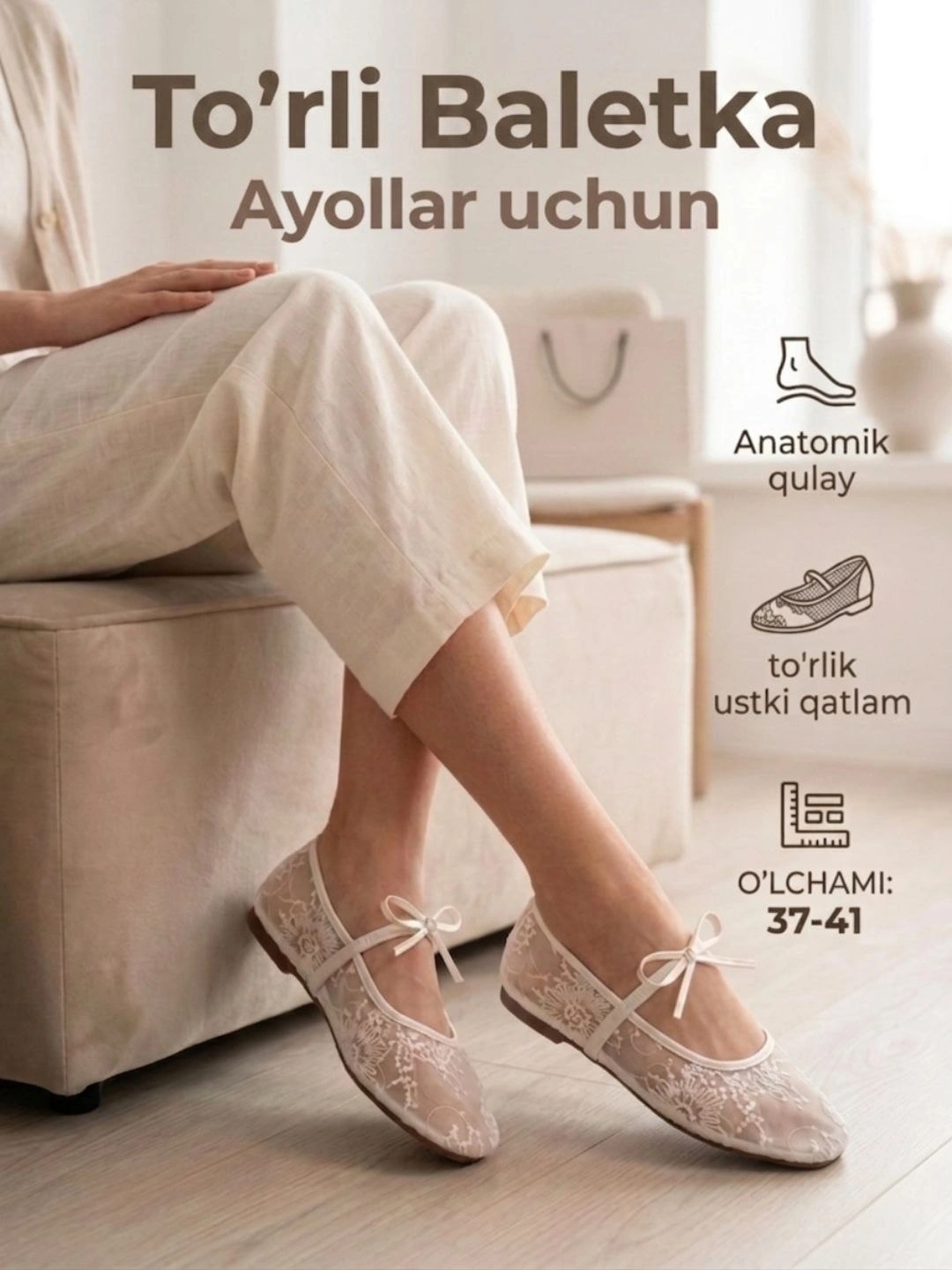 Ayollar baletka, to‘rli oyoq kiyim, yozgi tufli, oq baletka, qulay ...