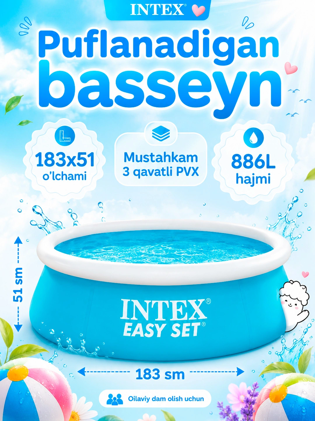 Puflanadigan basseyn Intex Easy Set, tanlovga 886, 3853 litr hajmli ...